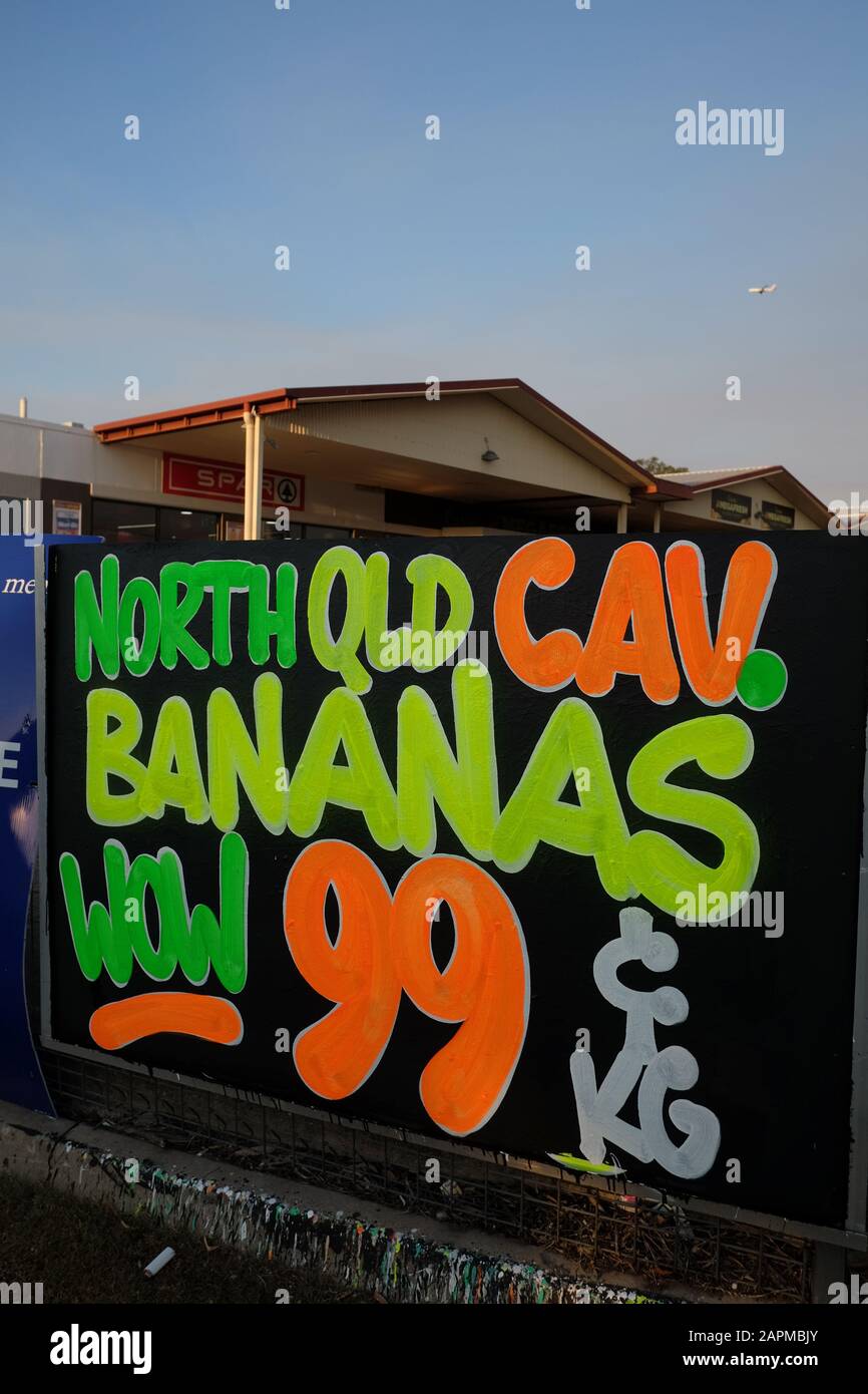 Hand painted local fruit market sign, North Qld Cav. Bananas Wow 99c KG ...