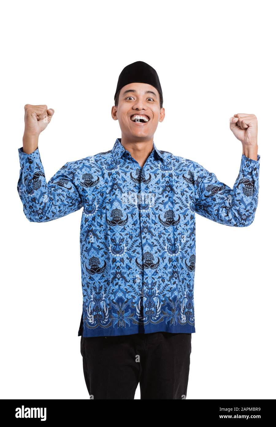 asian young man wearing batik korpri with spirited two hand gesture ...