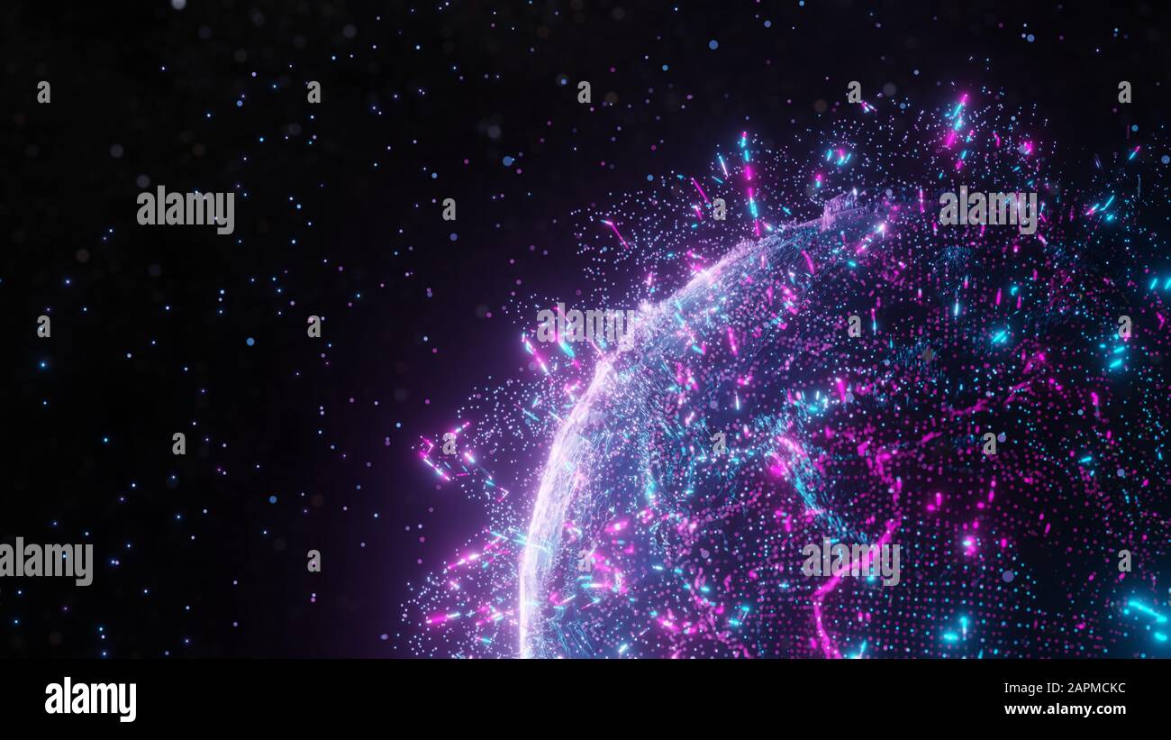 Abstract futuristic planet Earth surrounded by virtual elements. Dots ...