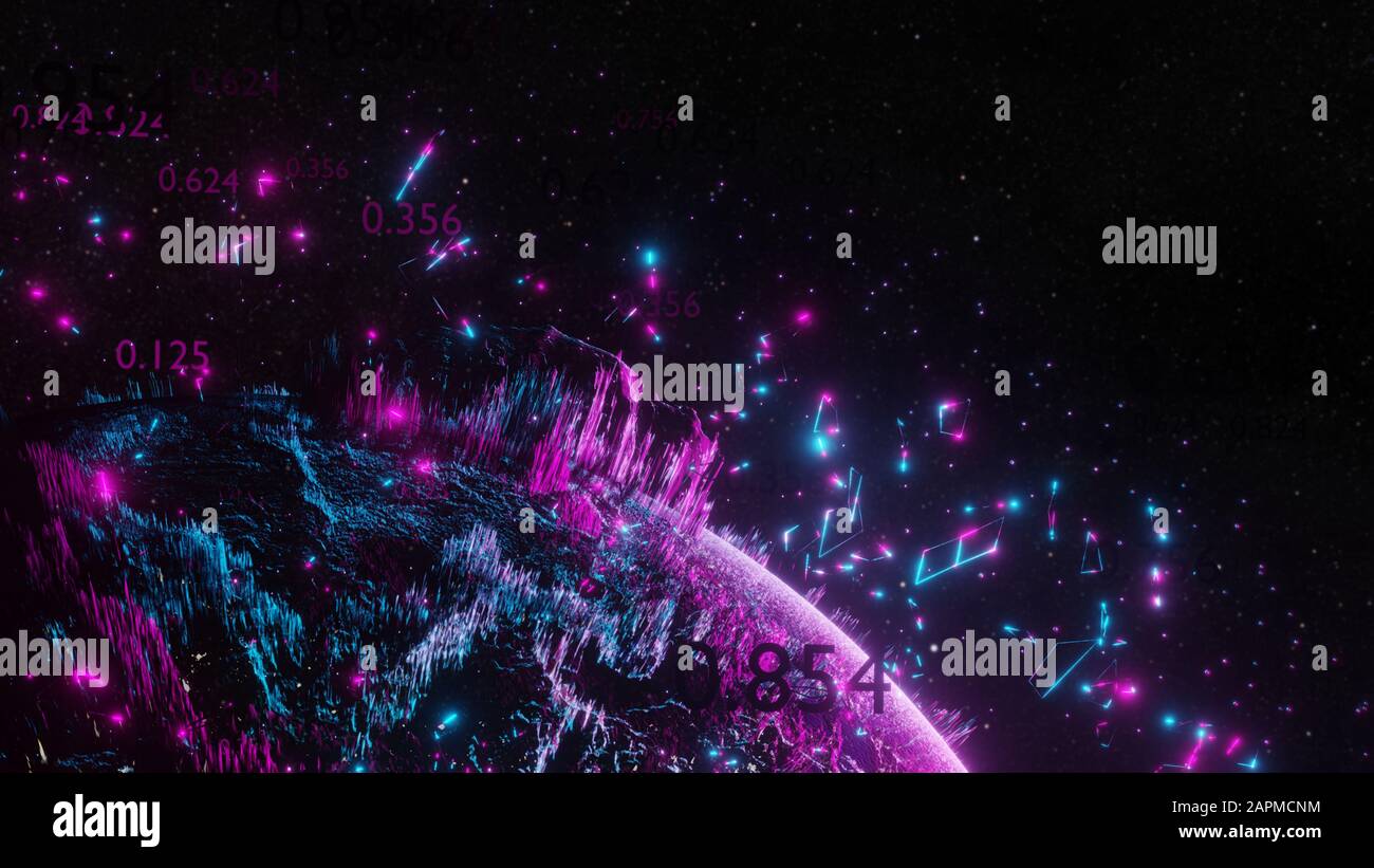Abstract futuristic planet Earth surrounded by virtual elements. Dots ...