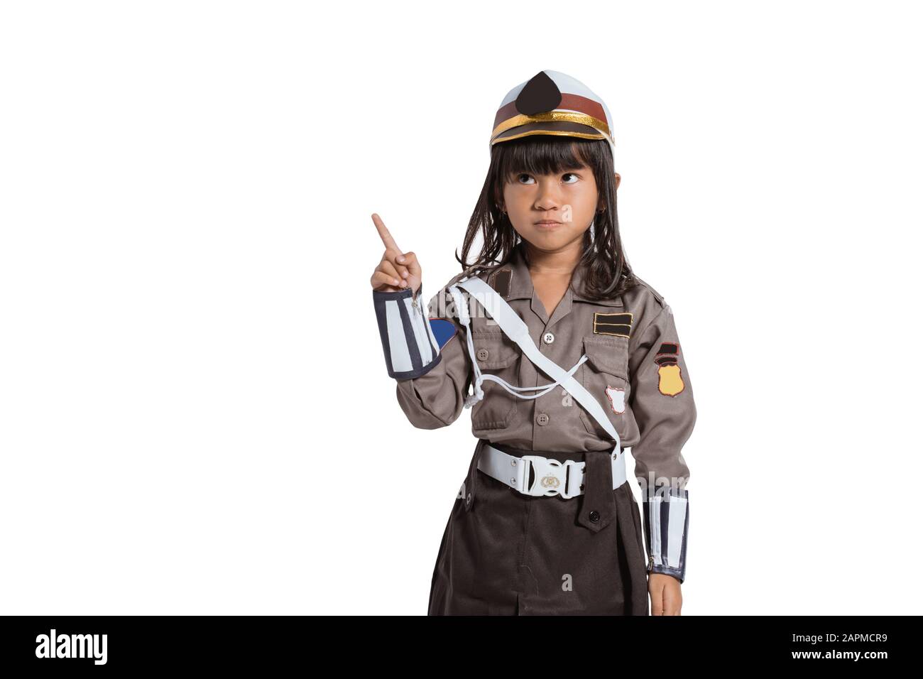 police girl wearing a uniform with one hand pointing fingers up on ...