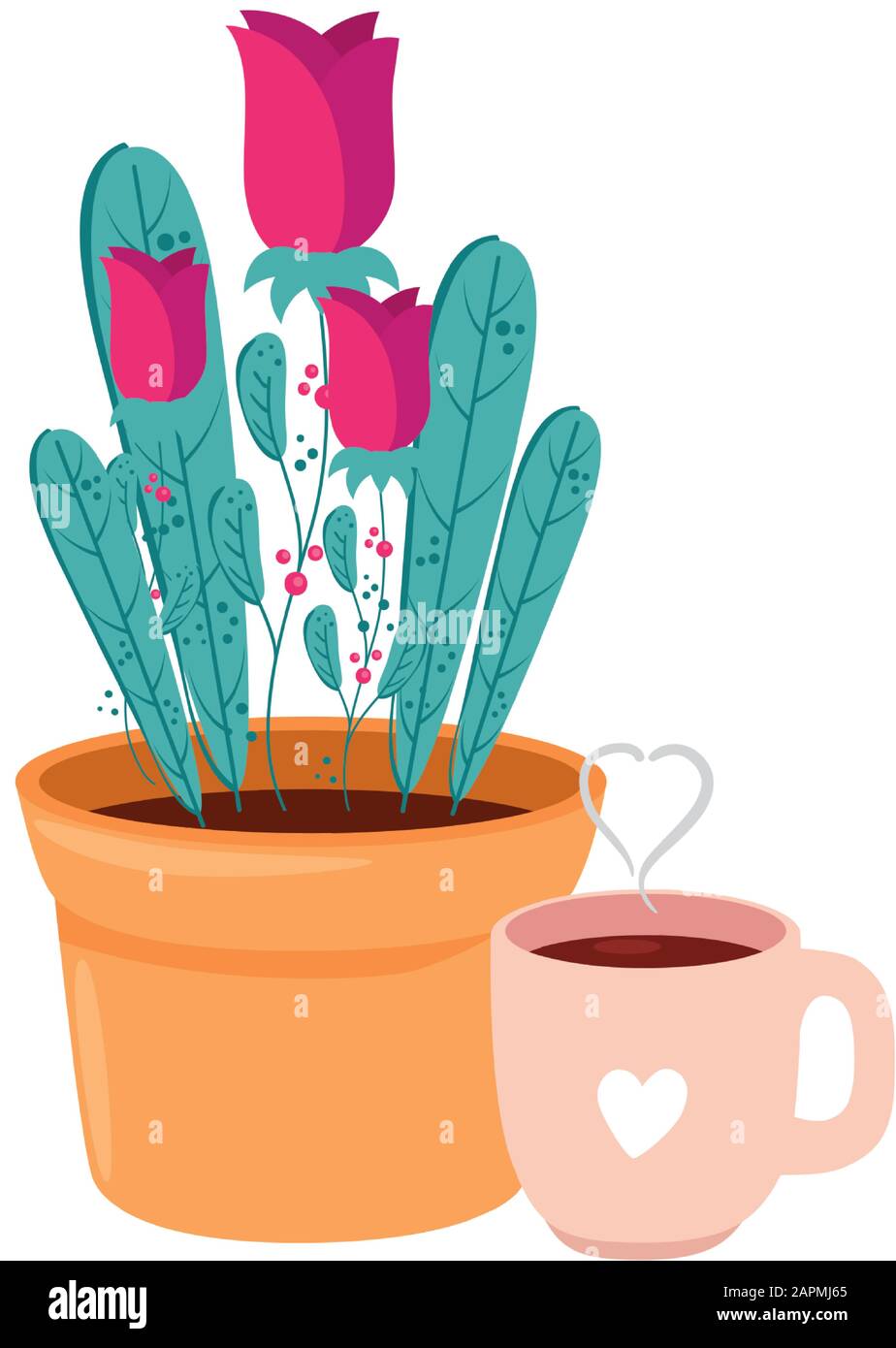 cup coffee with rose flowers in pot plant isolated icon Stock Vector ...