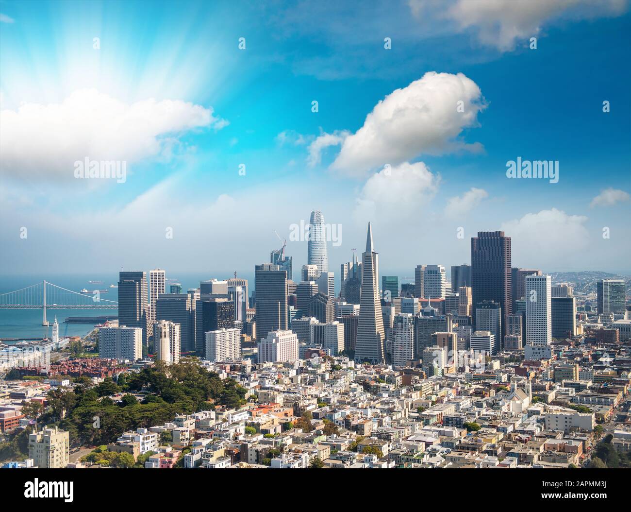 Aerial view of Downtown San Francisco skyline from helicopter, CA Stock ...