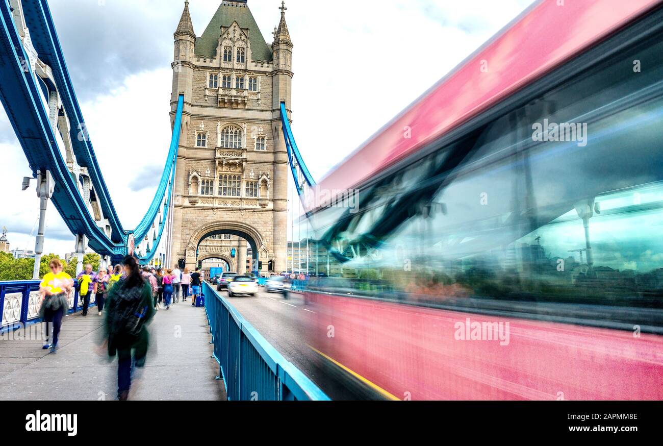 Blurred view of bus crossing Tower Bridge, London - UK Stock Photo - Alamy
