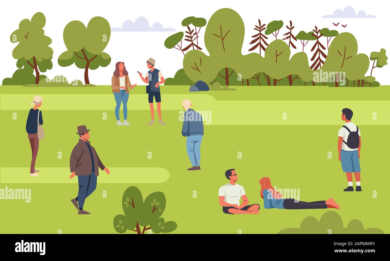 Characters spend leisure time in summer park set. Active pastime on ...