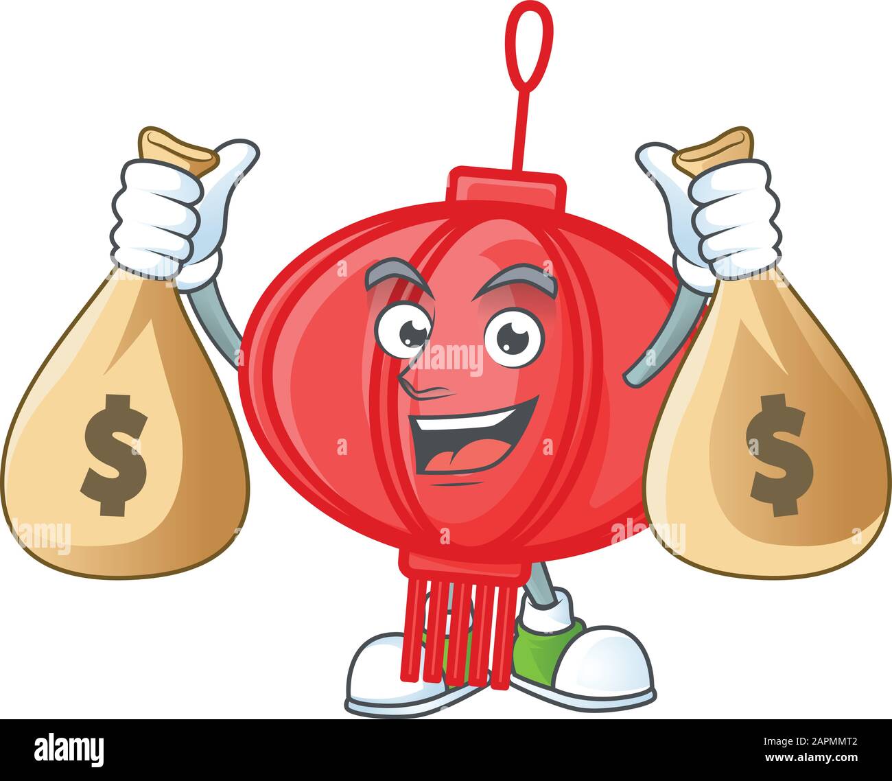 A picture of rich chinese lampion cartoon character with two money bags ...