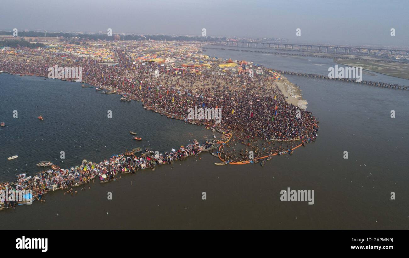 Allahabad, India. January 24, 2020: Allahabad: An aerial view of Sangam ...