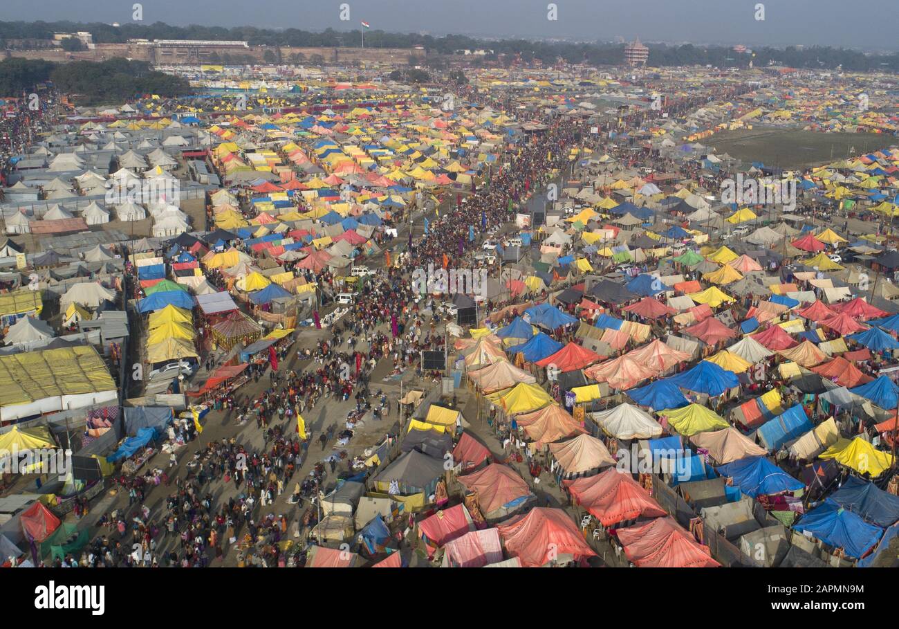 Allahabad, India. January 24, 2020: Allahabad: An aerial view of Sangam ...