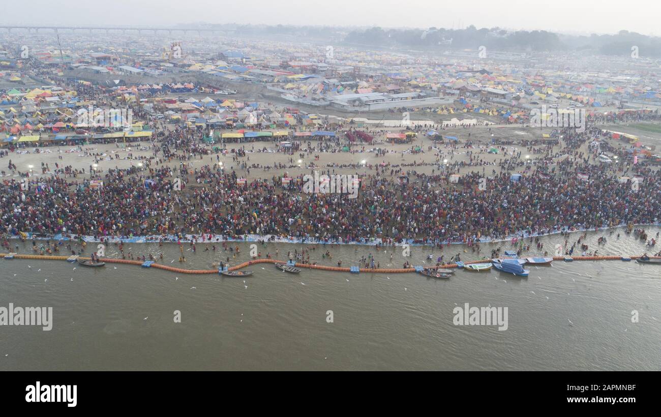 Allahabad, India. January 24, 2020: Allahabad: An aerial view of Sangam ...