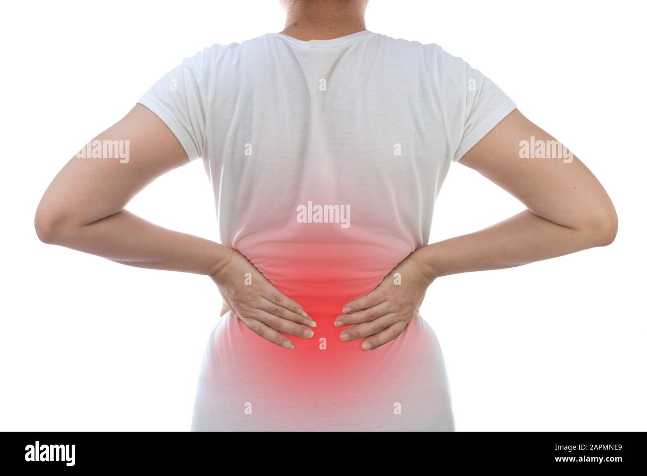 Young Asian woman with back pain at white background, Health problem ...
