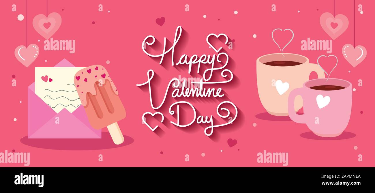 happy valentines day card with cups coffee and decoration Stock Vector ...