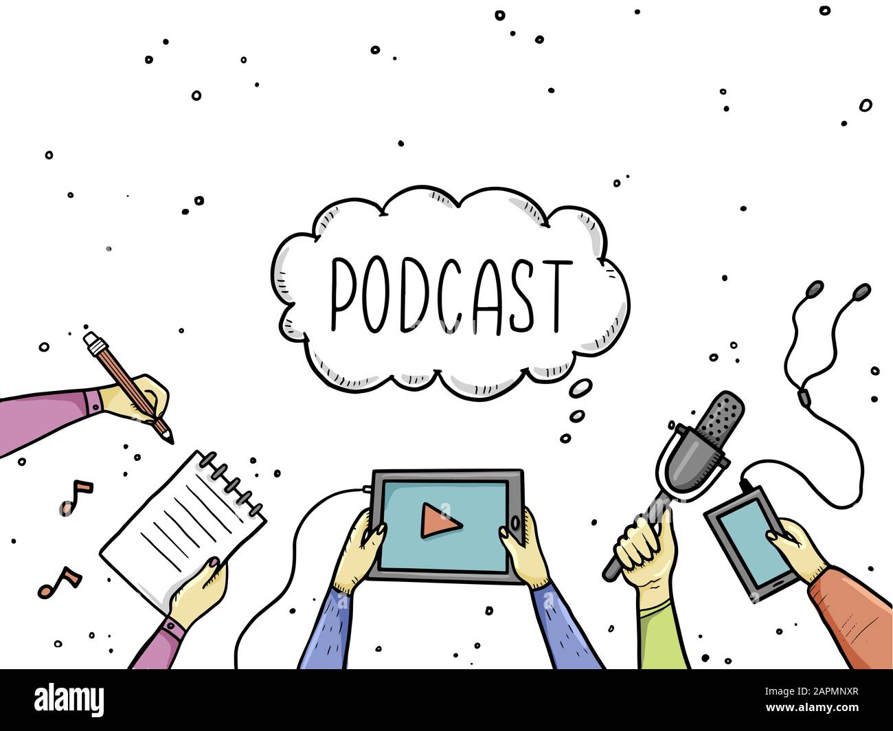 Hand drawn doodle style hands with different elements, microphone ...