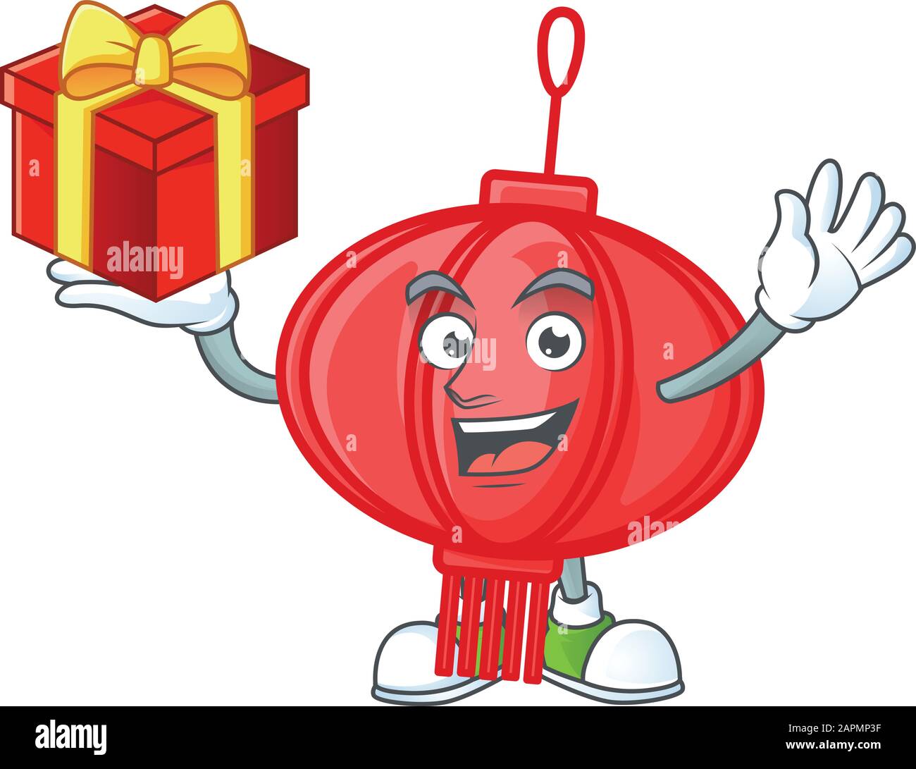 Happy face chinese lampion cartoon character having a box of gift Stock ...