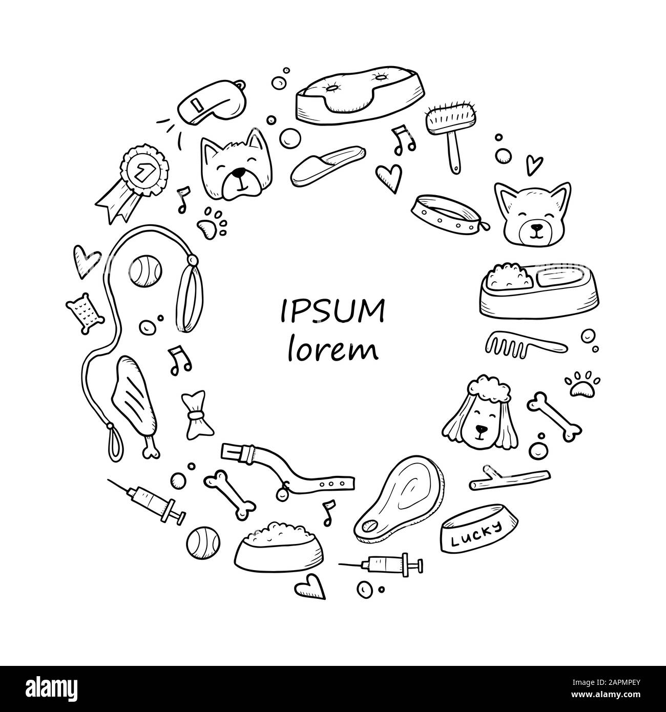 Hand drawn template of dog and pet accessories elements. For the design ...