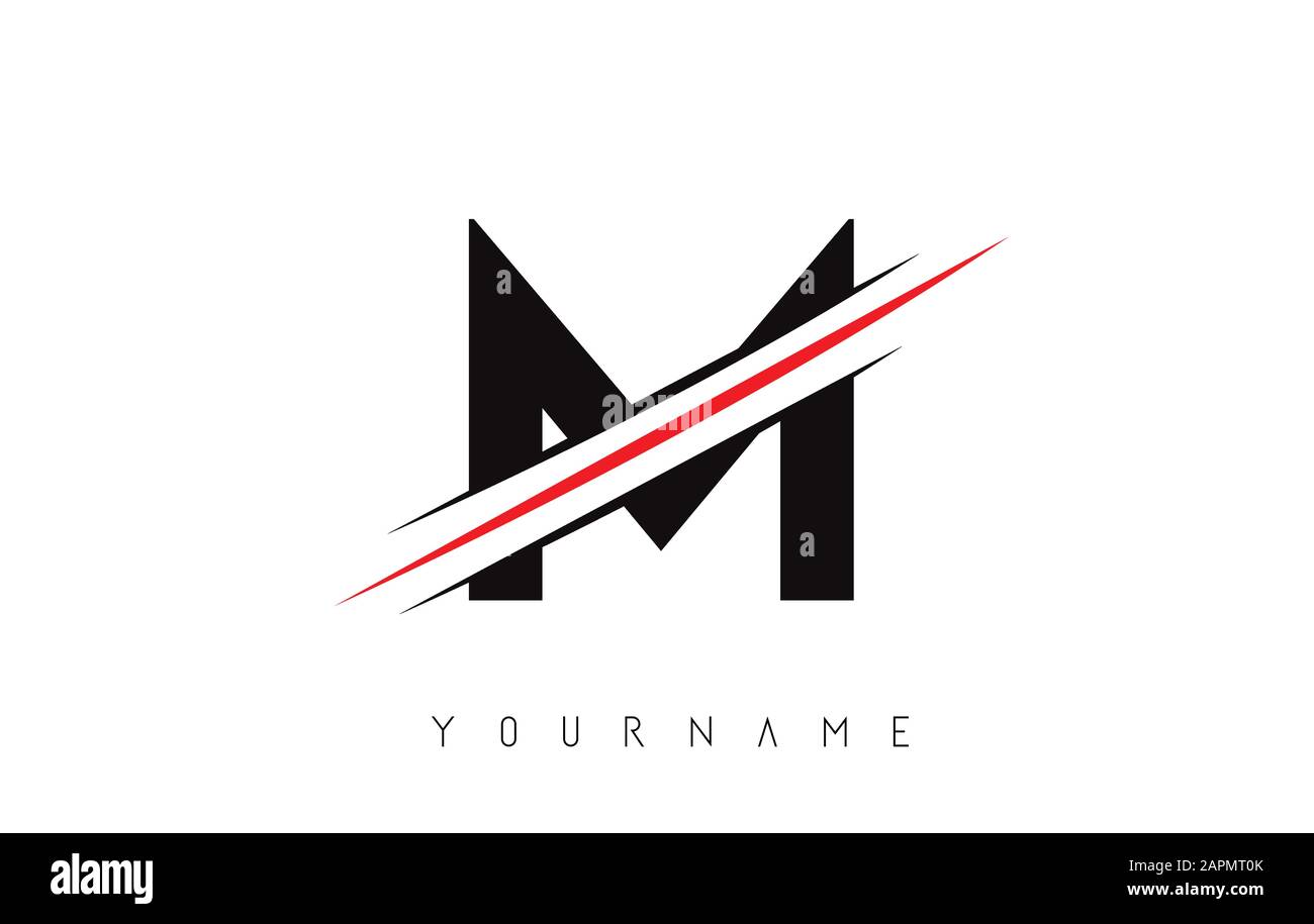 M Letter Logo Design cutted in the middle with a red line and with ...