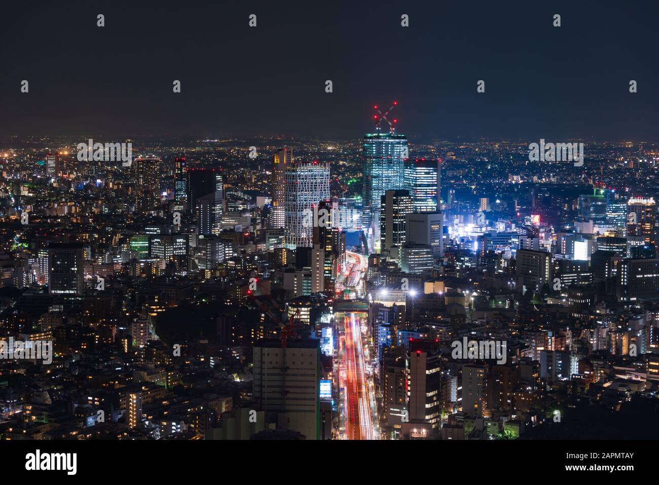 Aerial view of the Metropolitan Expressway no.3 Shibuya Line and city ...