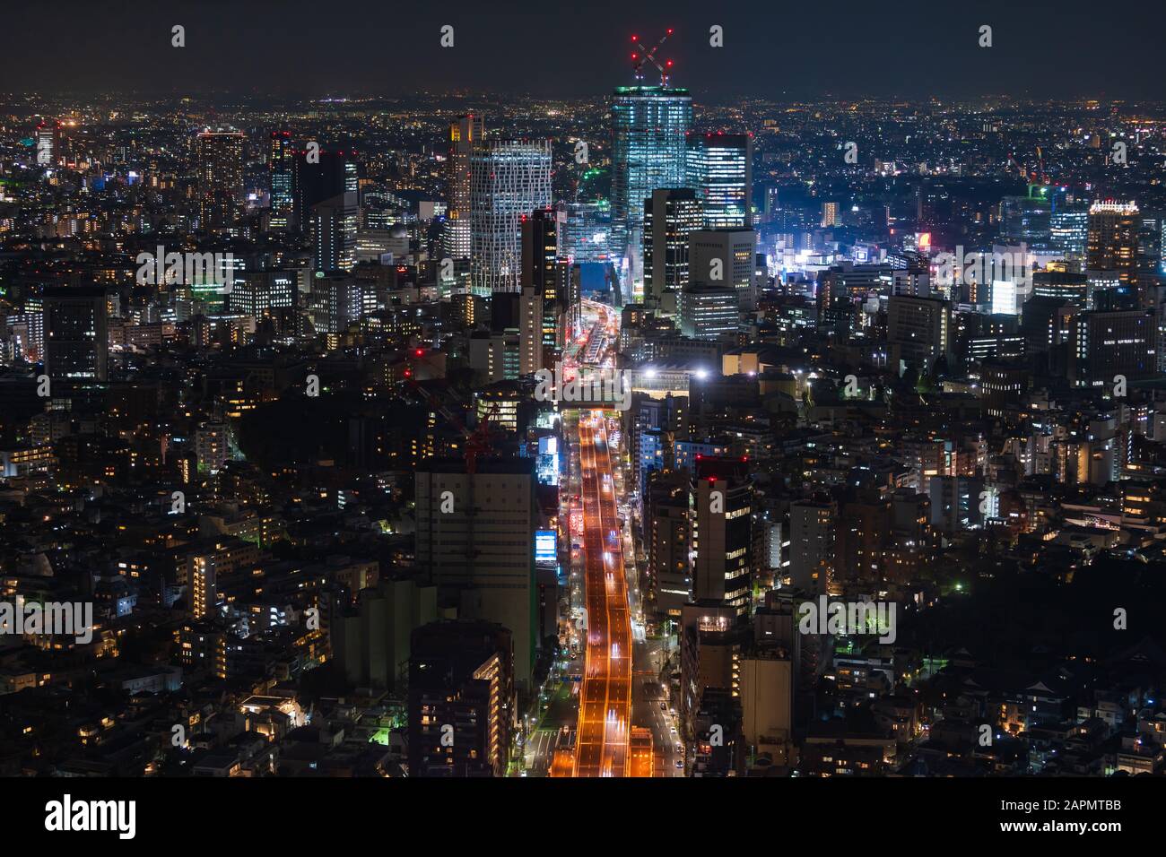 Aerial view of the Metropolitan Expressway no.3 Shibuya Line and city ...