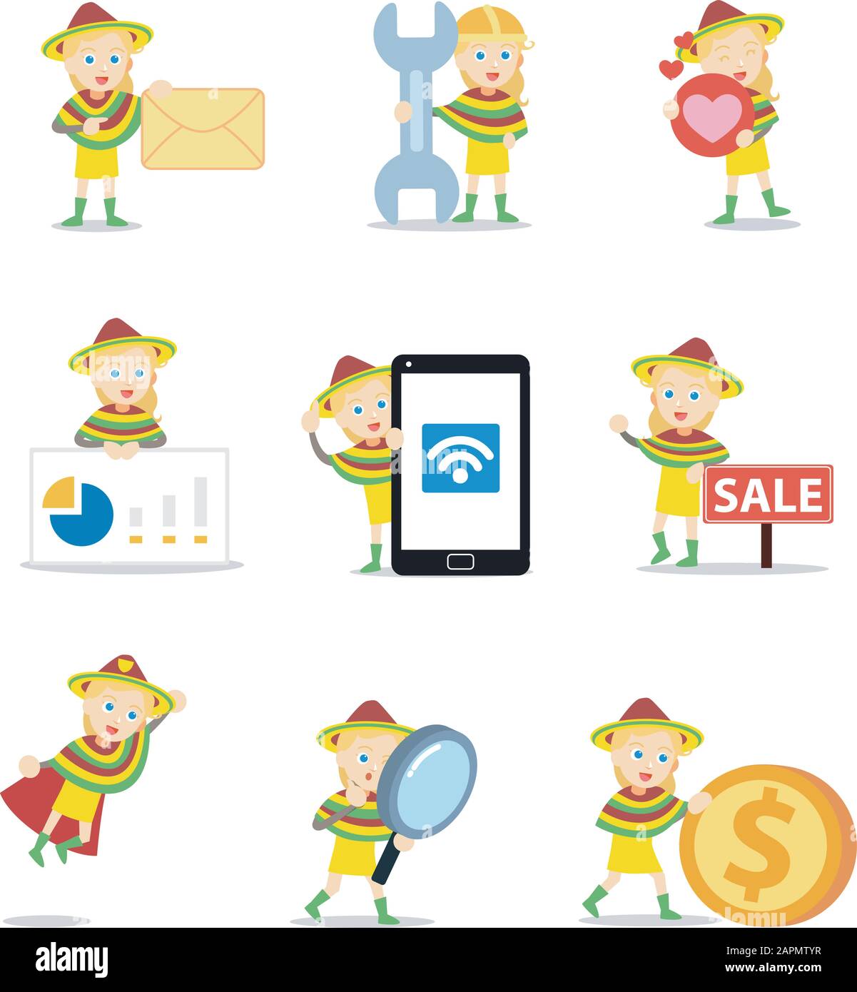 Set of character woman in colorful gringo dress Stock Vector Image ...