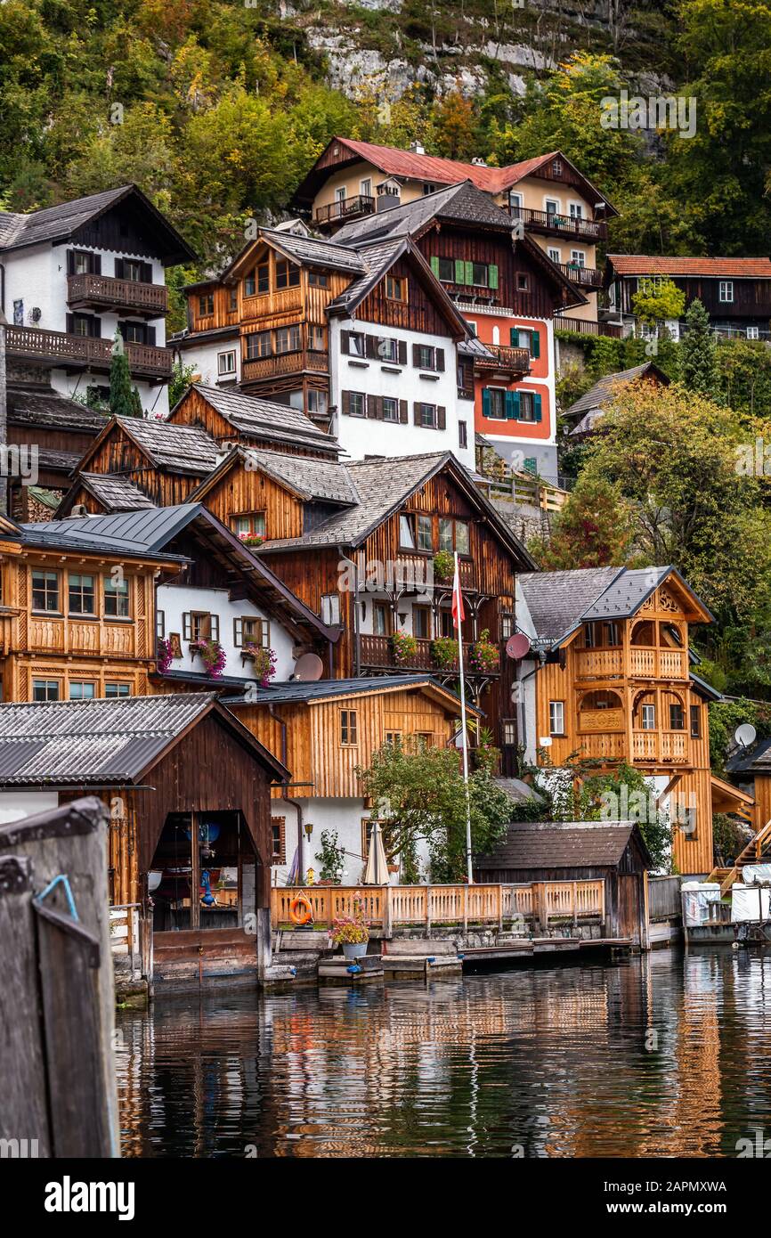 Scenic picture-postcard view of famous Hallstatt mountain village in ...