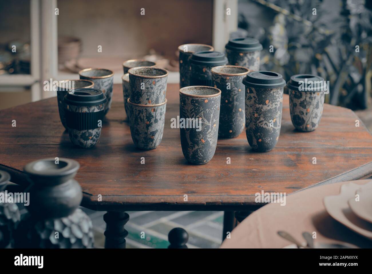 Decorative ceramic set in the interior home. Showcase of handmade ...