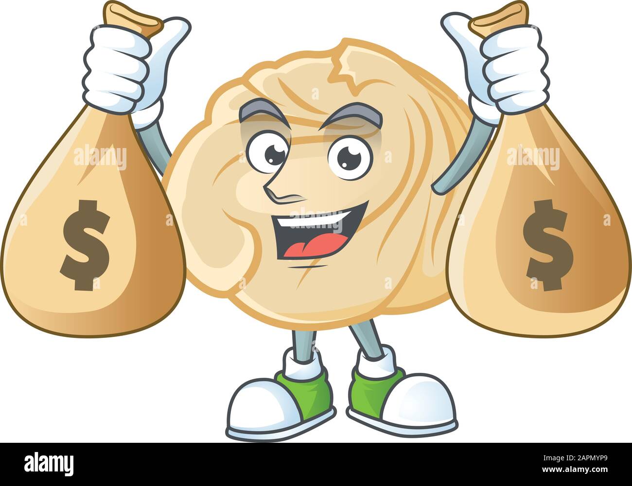 A picture of rich dumpling cartoon character with two money bags Stock ...