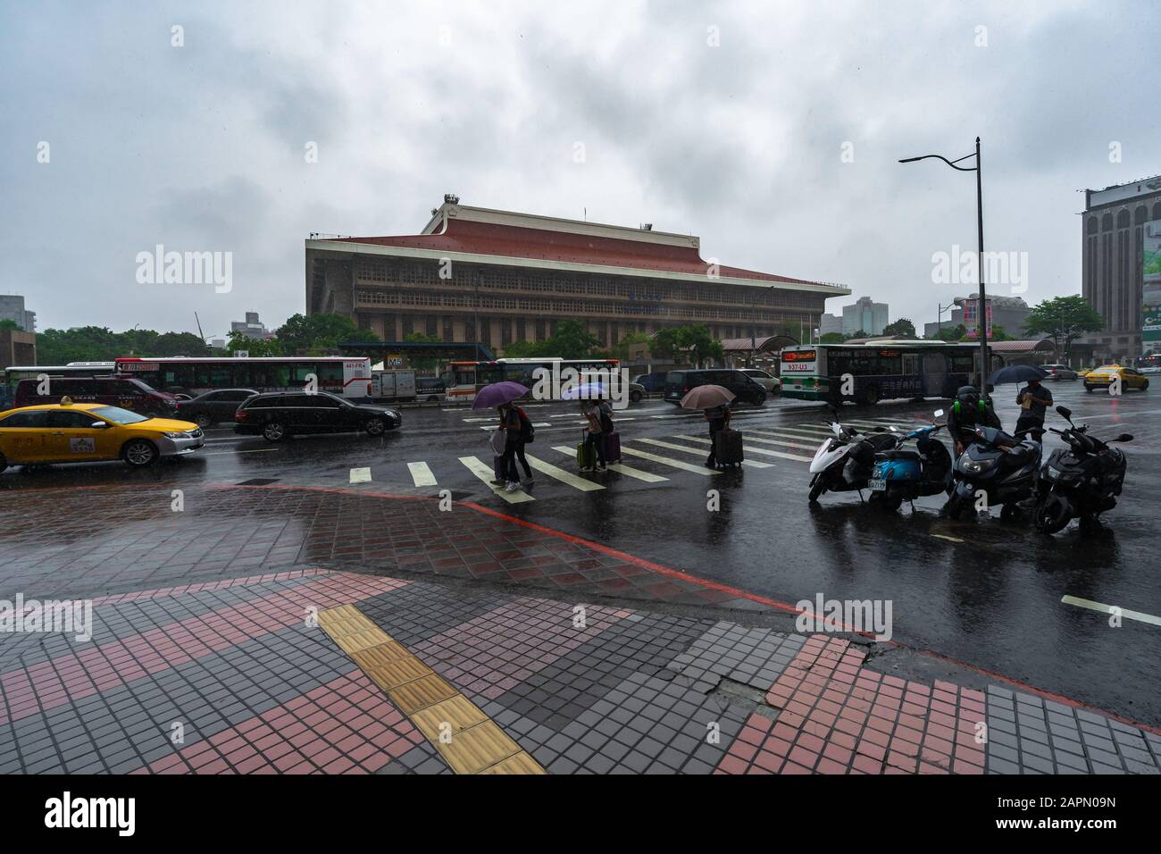 Taipei, Taiwan- 11 June, 2019: Taipei Main Station with falling rain in ...