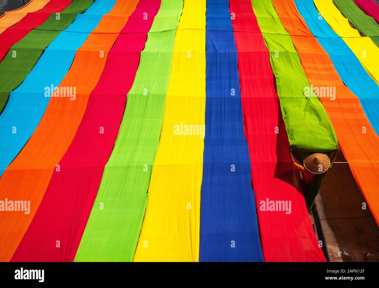 Handcrafted colorful lotus fabrics made from lotus fibers in Inle Lake ...