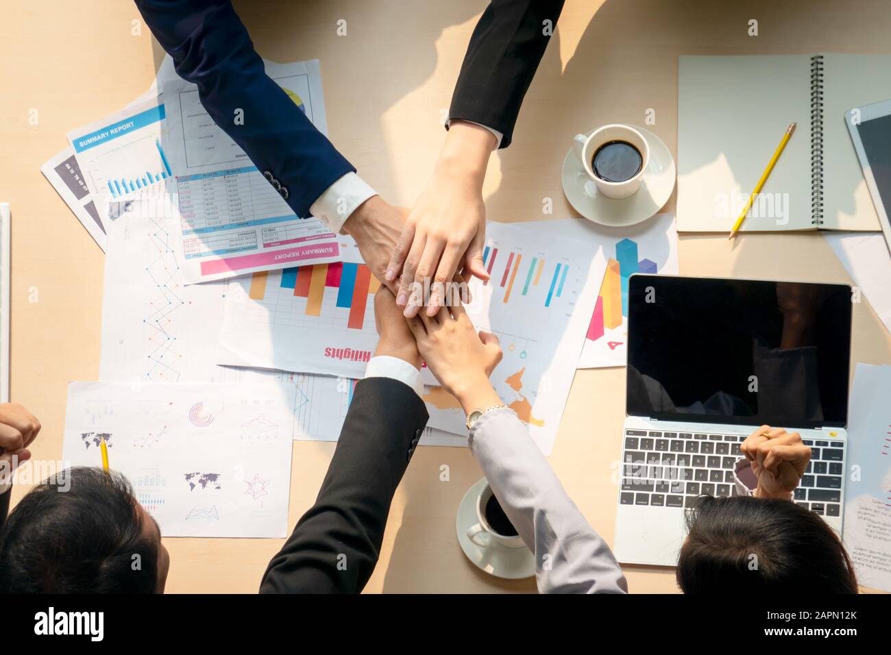 Business people give hands stack or holding each other for Unity and ...