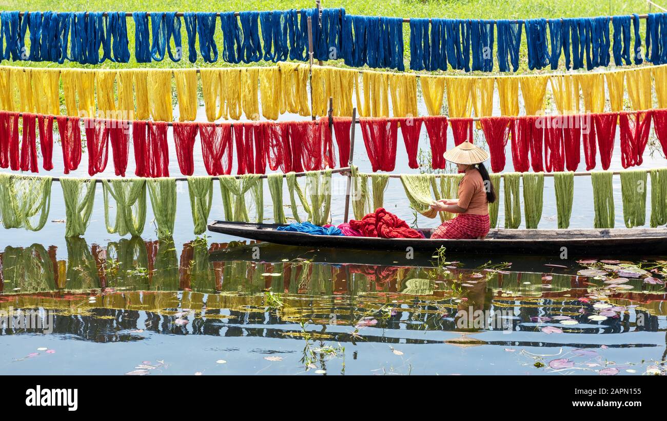 Handcrafted colorful lotus fabrics made from lotus fibers in Inle Lake ...