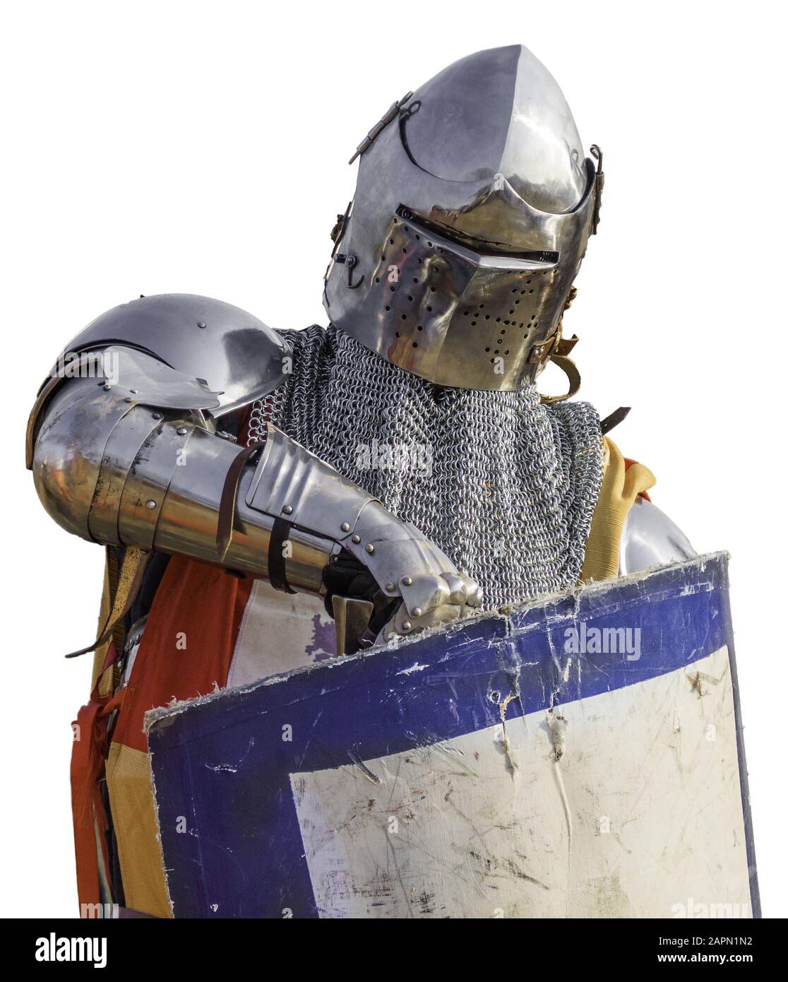 Spanish medieval knight with a helmet and a shield isolated on a white ...