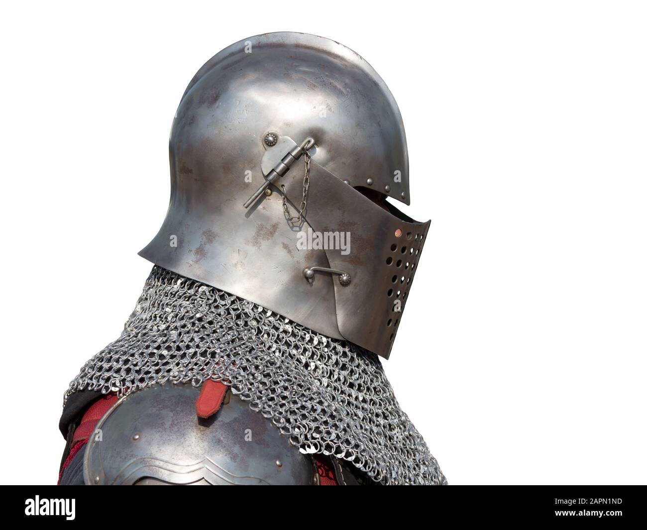 Side view of a Portuguese medieval knight with a helmet isolated on a ...