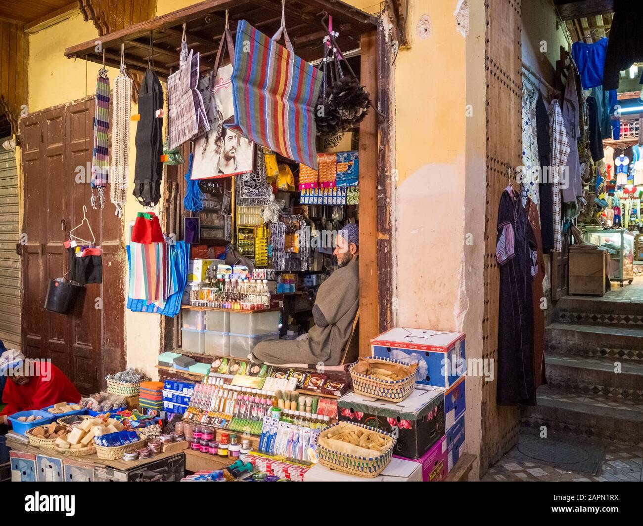 FEZ, MOROCCO - Jun 05, 2018: traditional shop in the old market. Street ...
