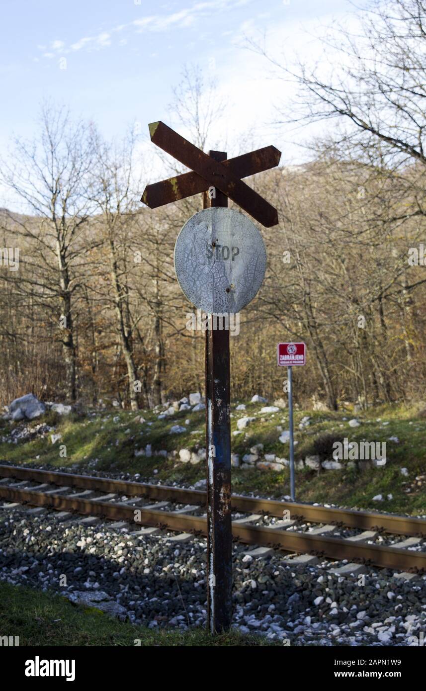 Steam train crossing road signs hi-res stock photography and images - Alamy