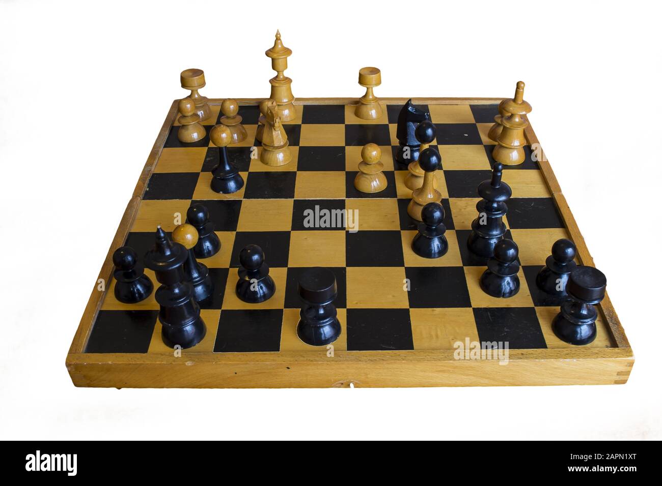 High angle shot of a chess game in progress against a white background ...
