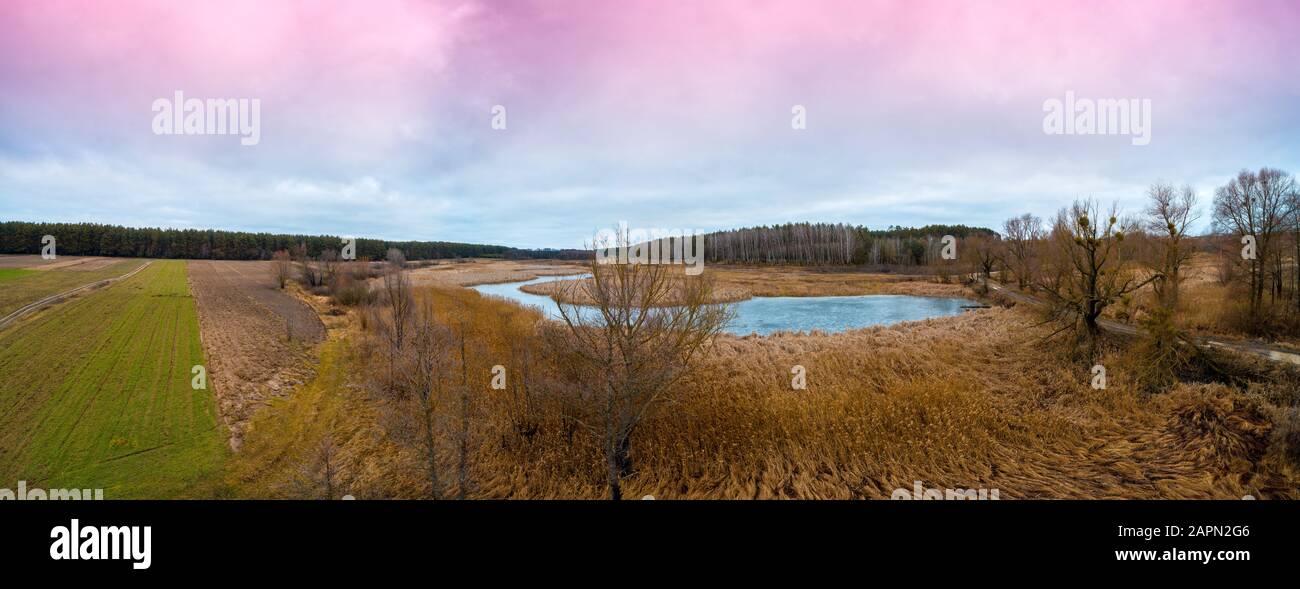 Aerial panoramic view of countryside and brook. Panorama. Natural ...