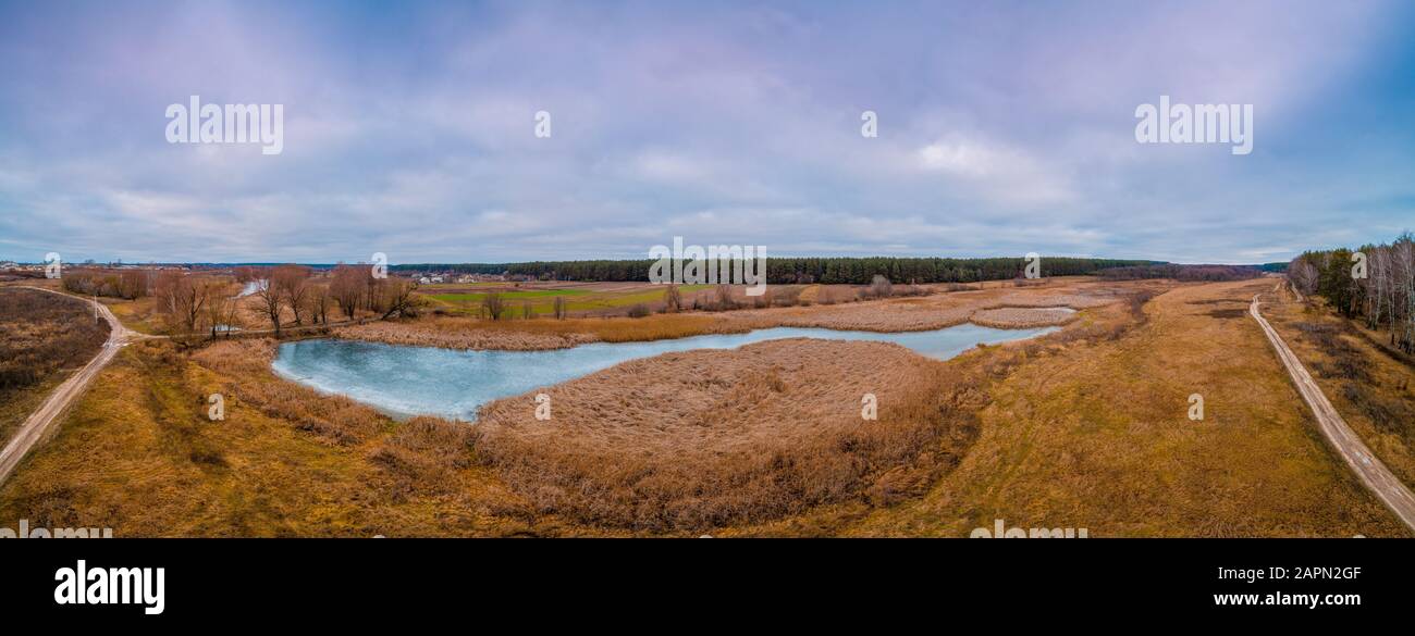 Aerial panoramic view of countryside and brook. Panorama. Natural ...
