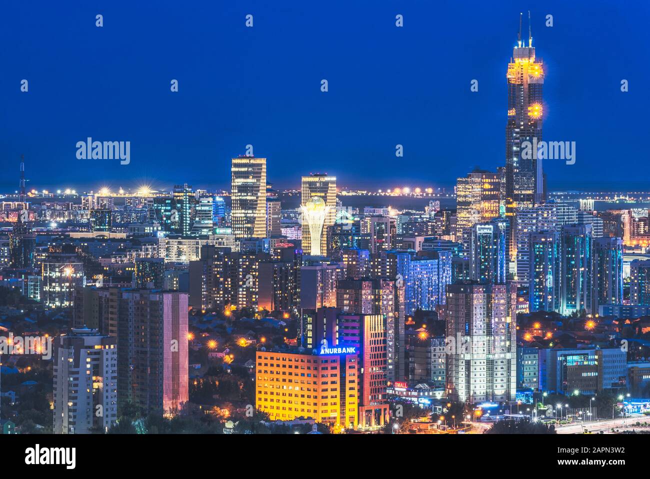 Astana, Kazakhstan, night view of the city illuminated as capital of ...