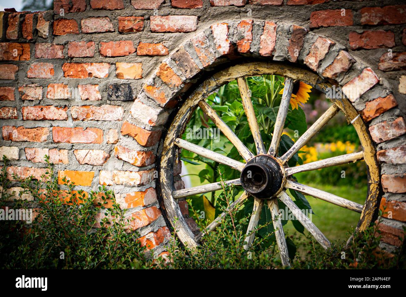 Wood wagon wheel in a brick wall Stock Photo - Alamy