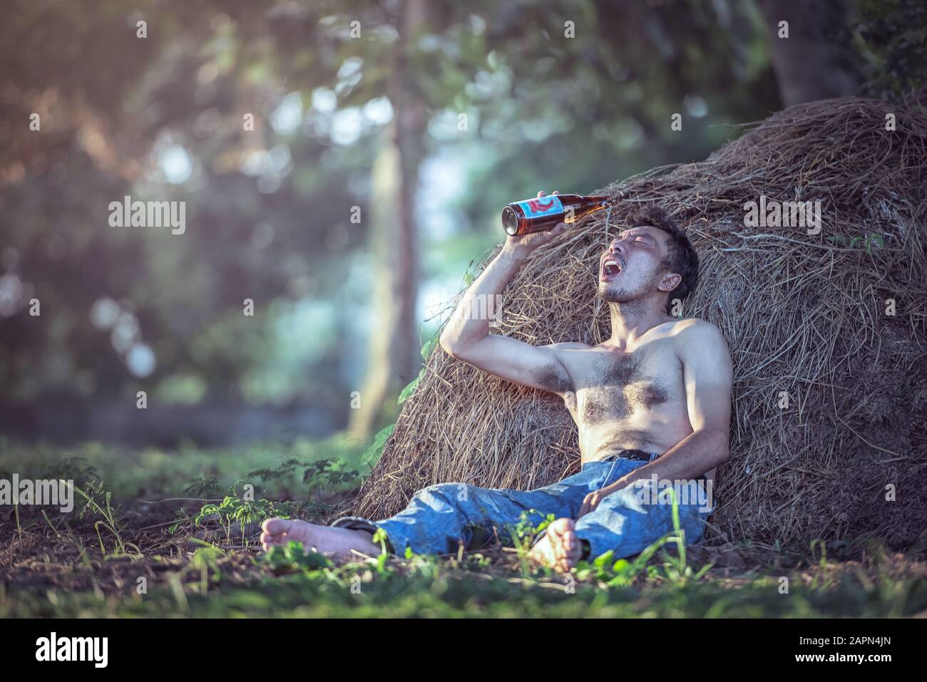 alcoholism, alcohol addiction and people concept. male alcoholic with ...