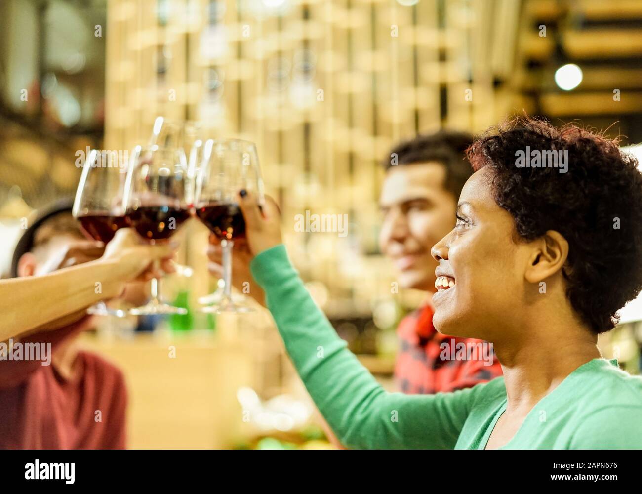 Group of multi ethnic friends cheering and toasting wine in wood wine ...