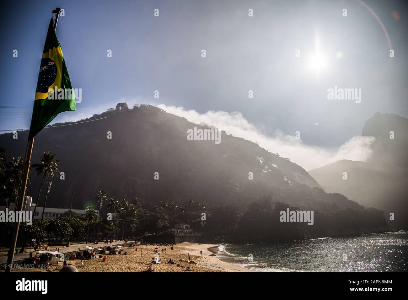 Aerial landscape with sea and beach surrounded by forest in Urca Brazil ...