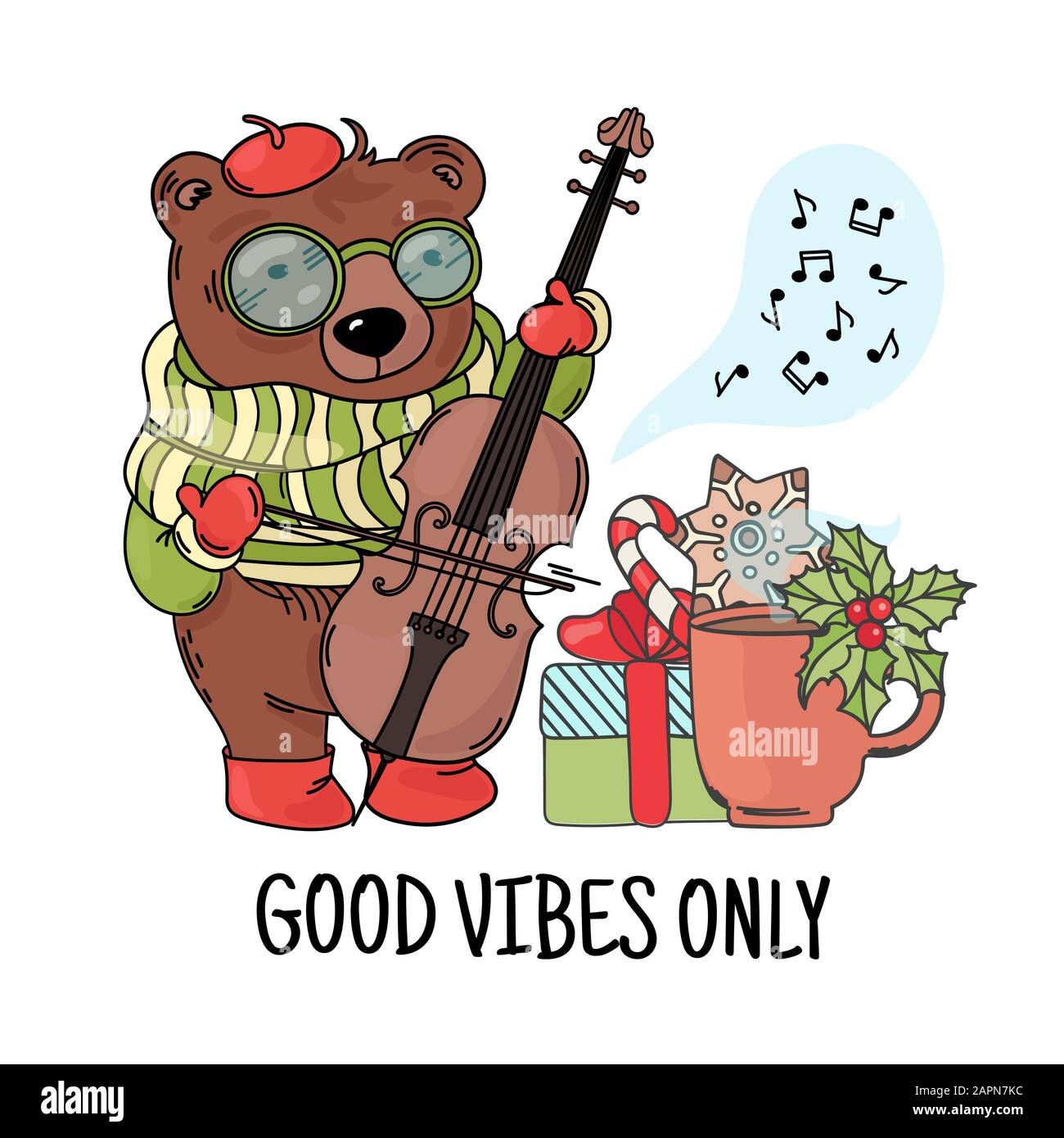 BEAR MUSICIAN Animal Music Cartoon Good Vibes Only Birthday Holiday ...