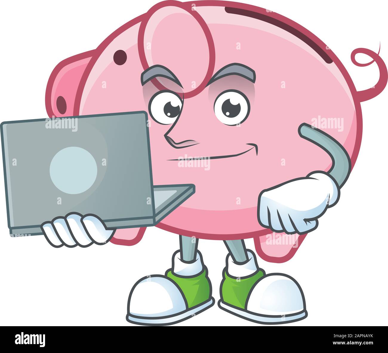 A clever piggy bank mascot character working with laptop Stock Vector ...