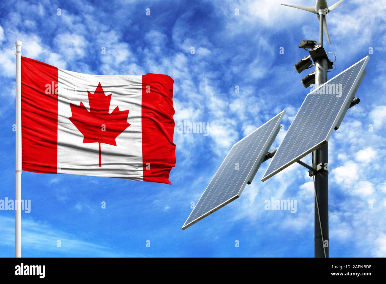 Solar panels on a background of blue sky with a flagpole and the flag ...