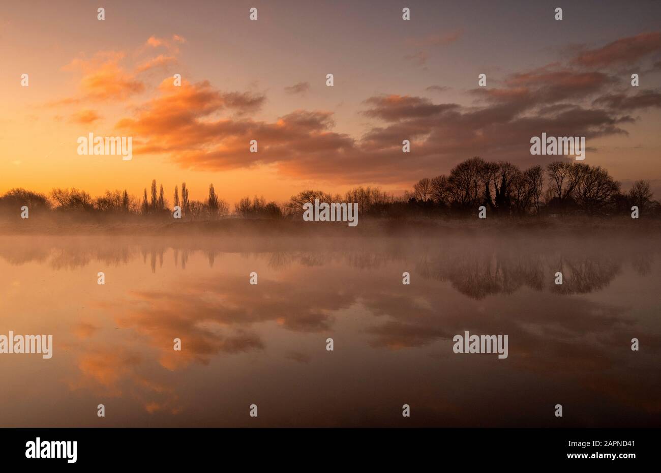 A misty winter sunrise on the River Trent at Colwick Country Park in ...