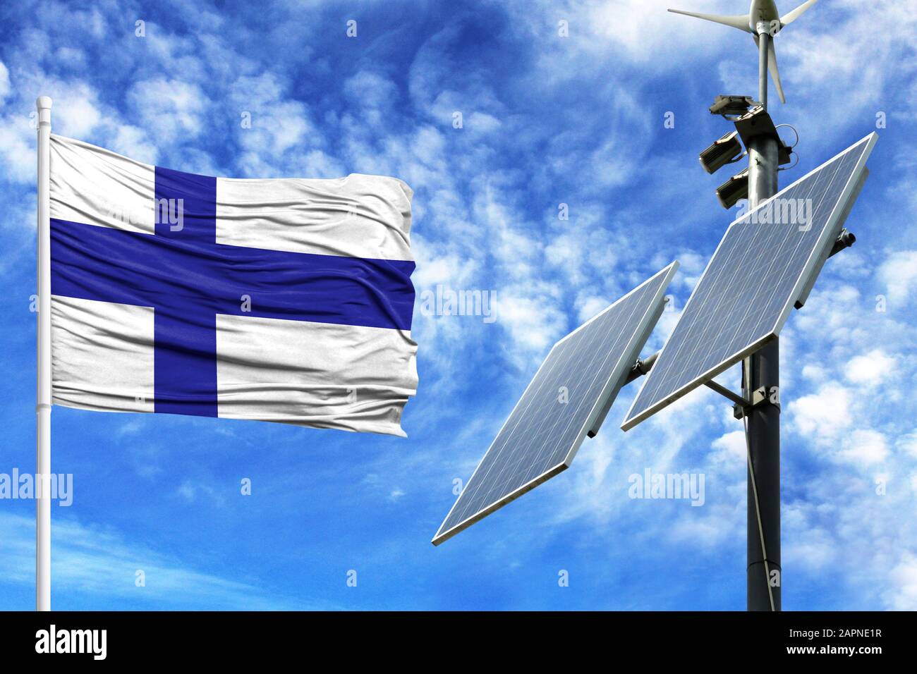 Solar panels on a background of blue sky with a flagpole and the flag ...