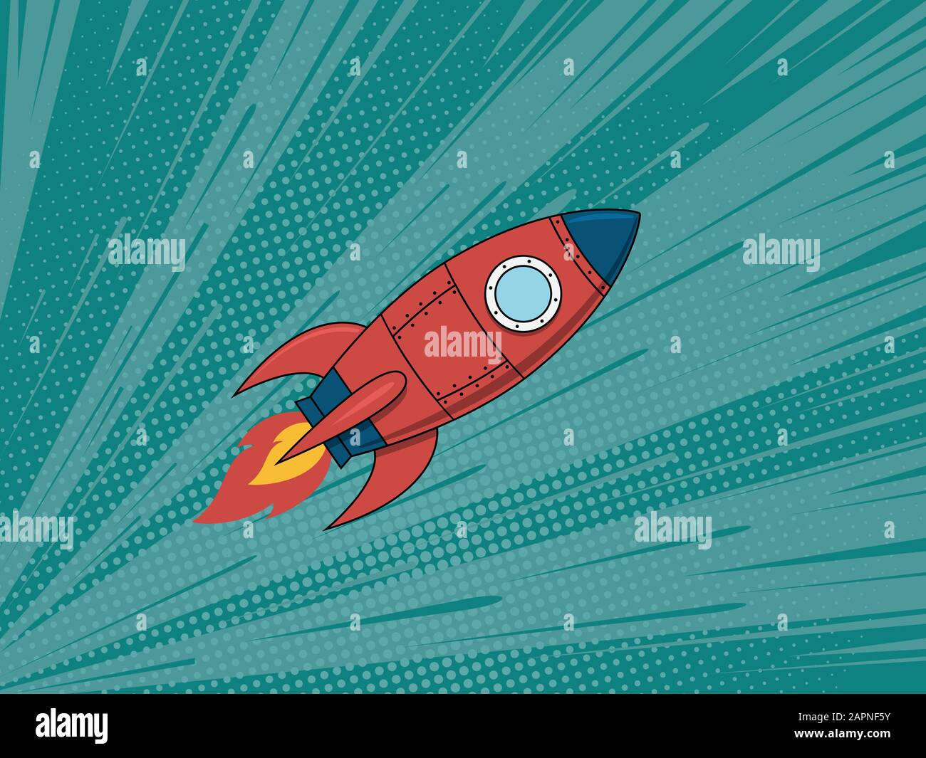 Flying rocket in space comic book pop art style. Vector illustration ...
