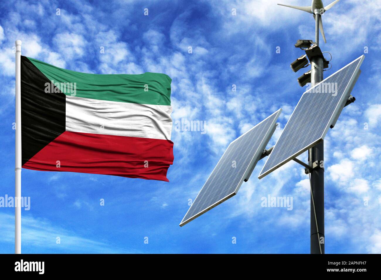Solar panels on a background of blue sky with a flagpole and the flag ...