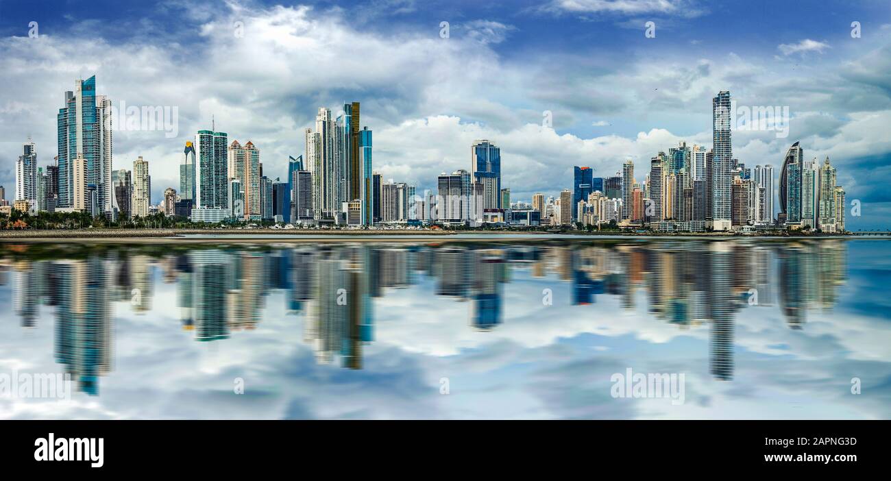Wide panorama of Panama City Skyline - Panama City, Panama Stock Photo ...