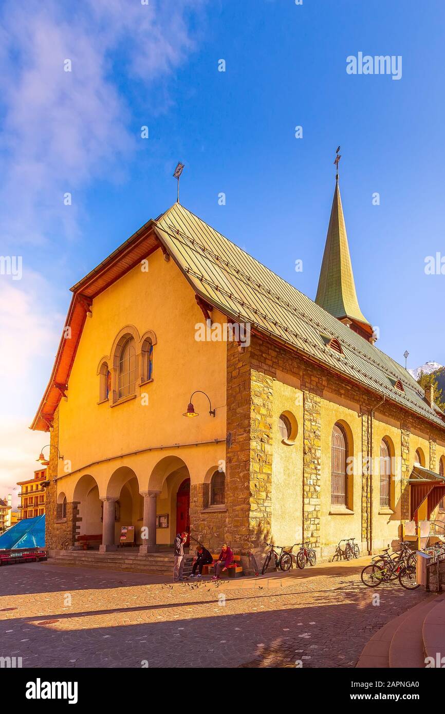 Zermatt, Switzerland - October 7, 2019: Town street view with St ...